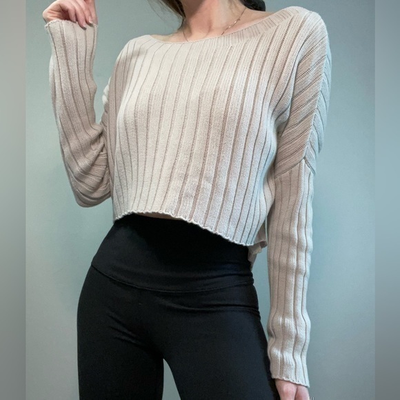 Express | Sweaters | Express Ribbed Tan Knit Off Shoulder Cropped ...